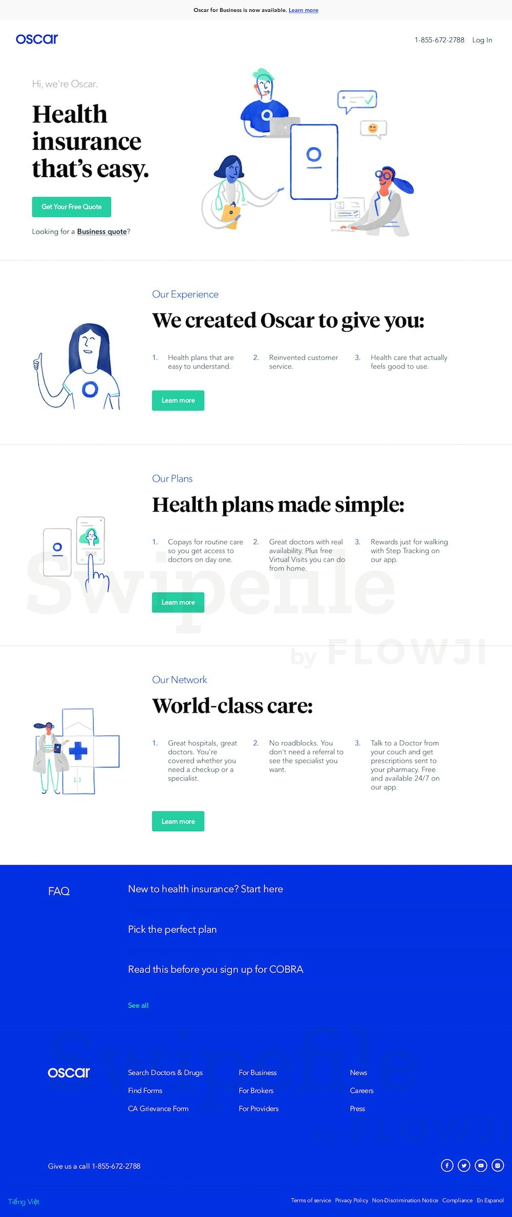 Home page for Oscar - Smart, simple health insurance - Swipefile by Flowji
