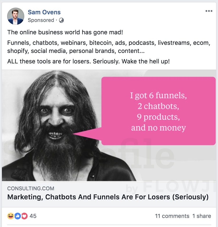 Facebook Ad - The whole world is mad - Sam Ovens - Swipefile by Flowji